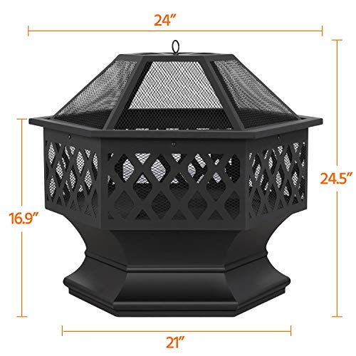 Yaheetech Fire Pit Fire Pits for Outside 24in Hex Shaped Firepit Bowl with Spark Screen & Poker for Patio Backyard Garden Picnic Bonfire Camping