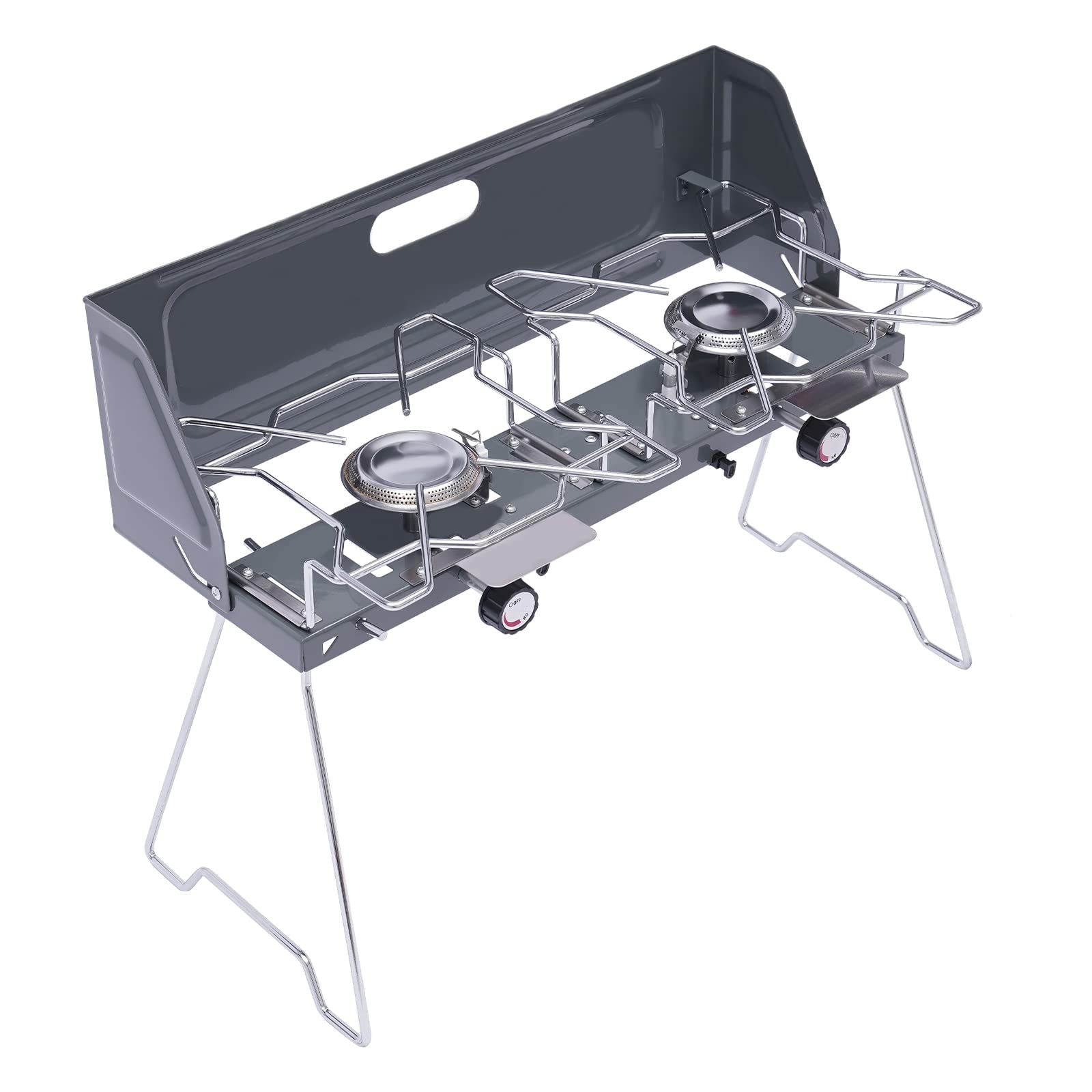 Gas Camping Stove, Portable 2 Burner Stovetop,Stainless Steel Drip Tray, Foldable Legs with Wind Panels for Patio Camping, BBQ