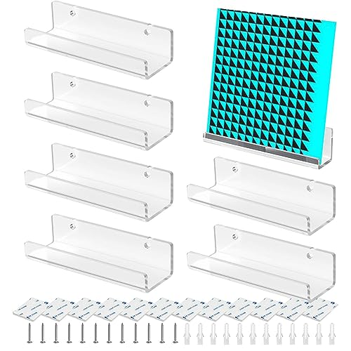 UEMIS Clear Floating Shelf Rack, 6 Pcs Record Wall Mount, Acrylic Wall Ledge Shelves with Screws and Tape,Floating Acrylic Bathroom Shelves, Acrylic Wall Mount Shelf for Store Home Office Apartment.
