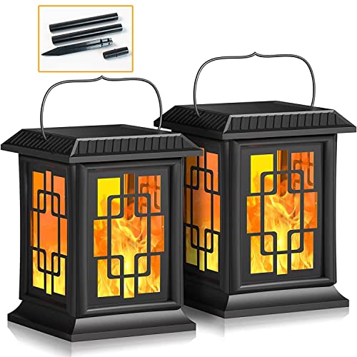 Solar Lantern Outdoor Lights,Big Size Hanging & Plug-in Lawn Path Solar Lights,Waterproof Flickering Flame Solar Lantern Lights,Solar Garden Light in Yard/Fence/Wall