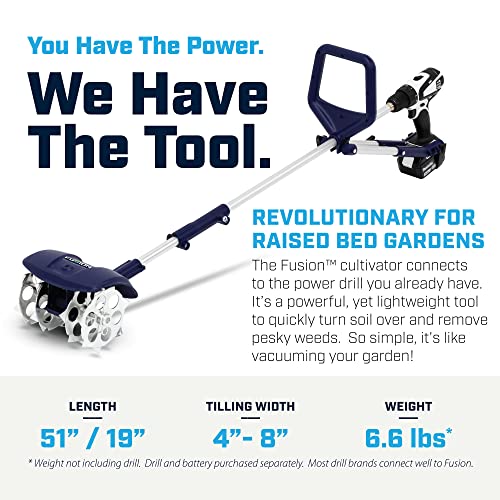 Fusion Drill-Powered Cultivator, Adjustable Tilling Width Up To 8β, Tilling Depth Up To 5.5β, Compatible With Most Cordless Drills, Adjustable Length, Model: 33061