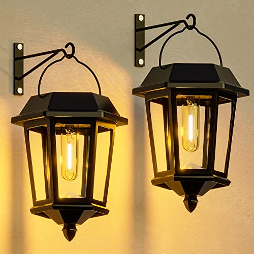2 Pack Solar Lanterns Outdoor Waterproof Hanging Lights, Metal Solar Hanging Lanterns Outdoor with Clear Glass & Hook, Anti-Rust LED Solar Wall Lantern Sconce Light Fixture for Garden, Porch, Fence
