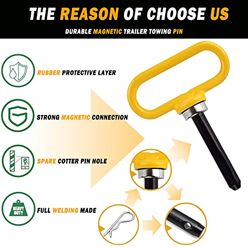 EilxMag Magnetic Hitch Pin, Lawn Mower Trailer Hitch Pins - Strong Heavy Duty Neodymium Magnet Trailer Gate Pin - for Utility Carts, Lawn Tractors - Simple One Handed Hook On & Off(Yellow, 2PCS)