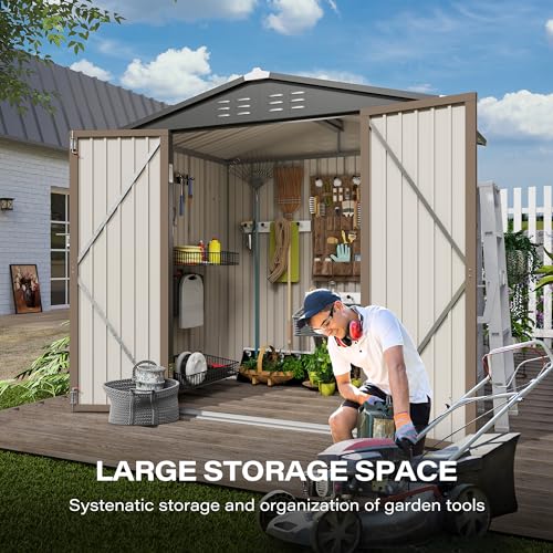 LAUSAINT HOME Outdoor Storage Sheds 6x4FT, Waterproof Metal Storage Tool Bike Sheds with Lockable Door for Backyard, Garden, Patio and Lawn, Brown
