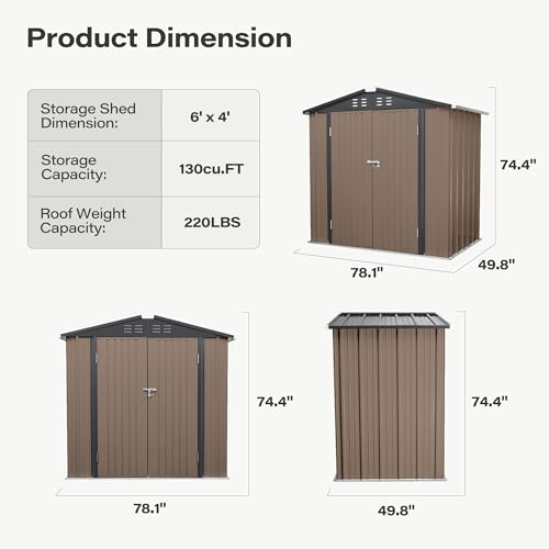 LAUSAINT HOME Outdoor Storage Sheds 6x4FT, Waterproof Metal Storage Tool Bike Sheds with Lockable Door for Backyard, Garden, Patio and Lawn, Brown