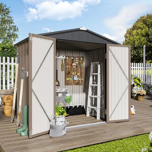 LAUSAINT HOME Outdoor Storage Sheds 6x4FT, Waterproof Metal Storage Tool Bike Sheds with Lockable Door for Backyard, Garden, Patio and Lawn, Brown
