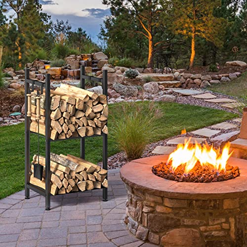 NANANARDOSO Firewood Rack Holder, Fire Wood Log Storage Stand with Kindling Holder for Indoor Fireplace, Outdoor Patio Fire Pit Stove, Fireplace Tools, Fire Wood Racks with 4 Hanging Hooks