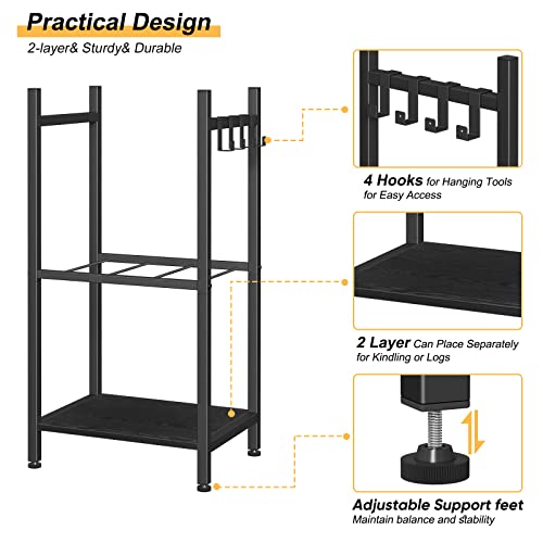NANANARDOSO Firewood Rack Holder, Fire Wood Log Storage Stand with Kindling Holder for Indoor Fireplace, Outdoor Patio Fire Pit Stove, Fireplace Tools, Fire Wood Racks with 4 Hanging Hooks