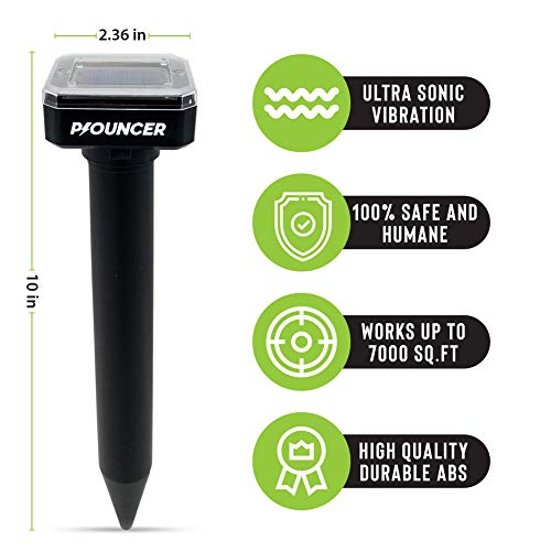 P-OUNCER Solar Mole Repellent (4 Pack): Ultrasonic Pest Repeller for Rats, Mice, Voles and Gophers, Waterproof Solar Powered Stakes for Garden and Yard, Outdoor Snake Deterrent, Humane Pest Control