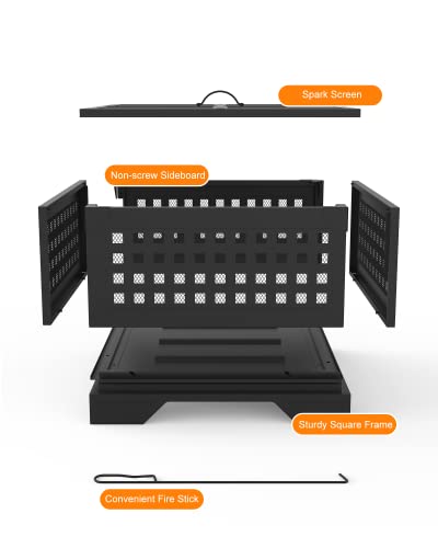Square Fire Pit Wood Burning [Fast Heating] [Easy Assembling] [Large Flame] 21.7 Inch Outdoor Firepit with Spark Screen for Patio Garden Camping Picnic Bonfire