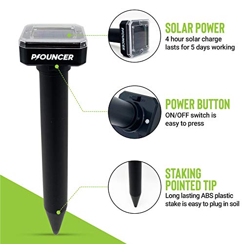 P-OUNCER Solar Mole Repellent (4 Pack): Ultrasonic Pest Repeller for Rats, Mice, Voles and Gophers, Waterproof Solar Powered Stakes for Garden and Yard, Outdoor Snake Deterrent, Humane Pest Control