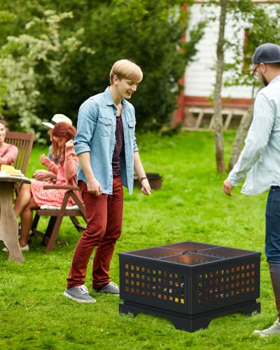 Square Fire Pit Wood Burning [Fast Heating] [Easy Assembling] [Large Flame] 21.7 Inch Outdoor Firepit with Spark Screen for Patio Garden Camping Picnic Bonfire