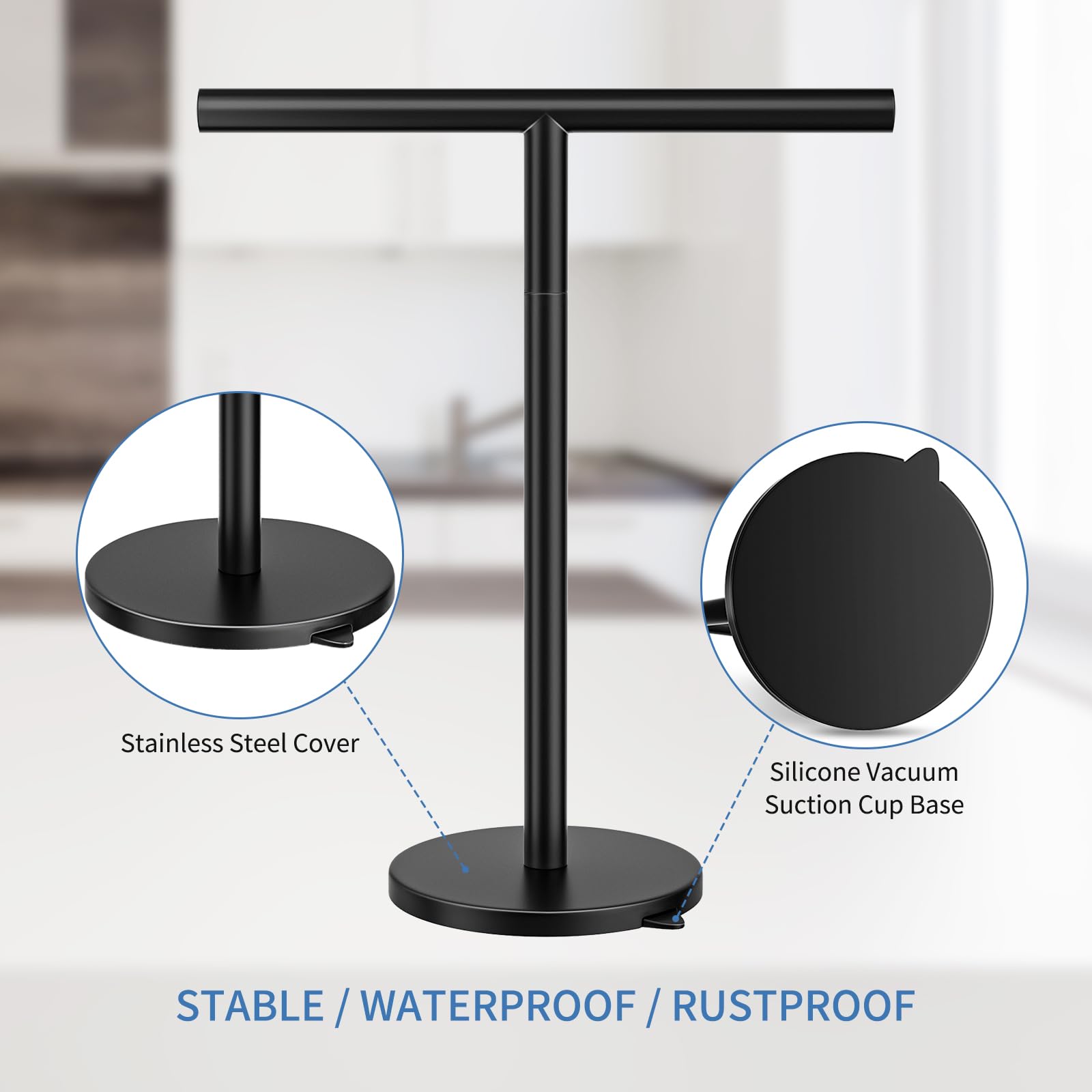 PUWWOT T-Shape Hand Towel Holder Stand with Large Suction Cup Base, Free Standing Hand Towel Rack for Bathroom or Kitchen Countertop, Stainless Steel (Black)