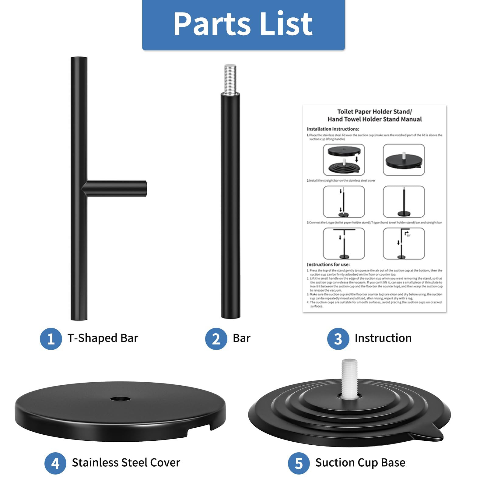PUWWOT T-Shape Hand Towel Holder Stand with Large Suction Cup Base, Free Standing Hand Towel Rack for Bathroom or Kitchen Countertop, Stainless Steel (Black)