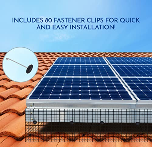 flybold Solar Panel Bird Guard for Roof Panels - PVC Coated Wire Mesh Critter Guard - 6in X 100ft Galvanized Steel Roll Kit - Solar Panel Snow Guards with 80 Fastener Wire Mesh Clips