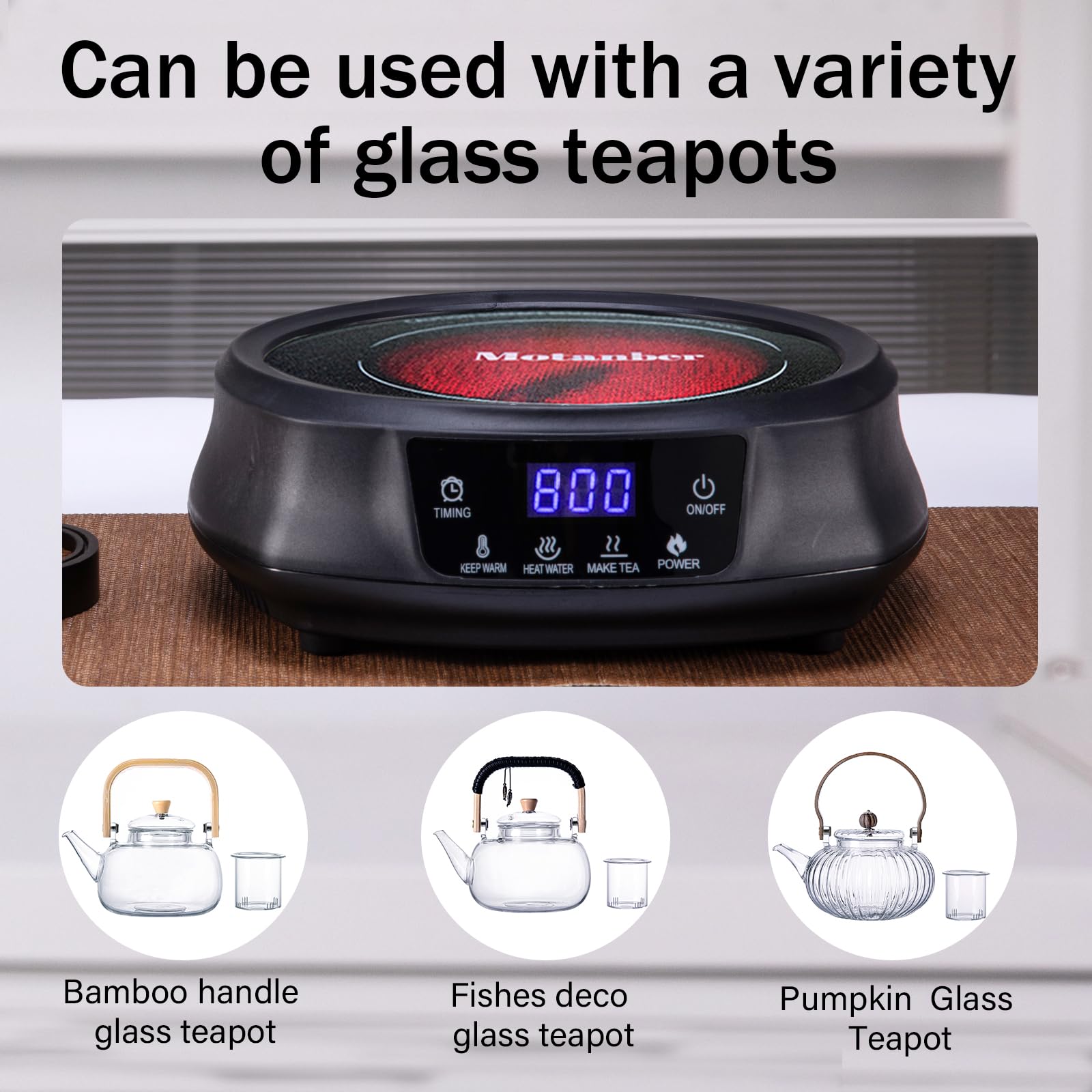 Mini Electric Stove 800W, Boil Tea,Ceramic Glass Cooktop with 8 Adjustable Power Levels, Intelligent Auto-Off Feature,Countertop Burners,For Tea Enthusiasts,Tea party (Black)