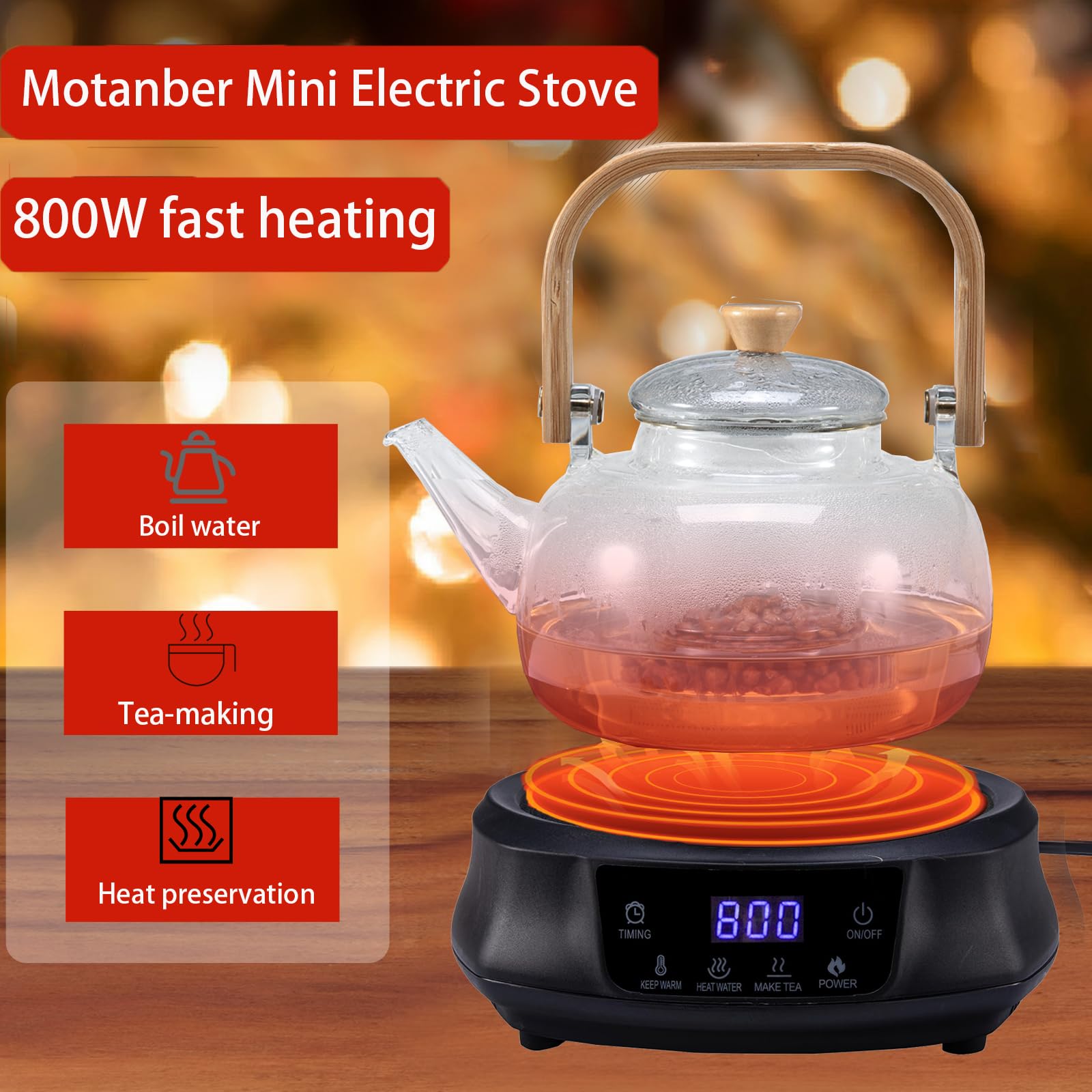 Mini Electric Stove 800W, Boil Tea,Ceramic Glass Cooktop with 8 Adjustable Power Levels, Intelligent Auto-Off Feature,Countertop Burners,For Tea Enthusiasts,Tea party (Black)