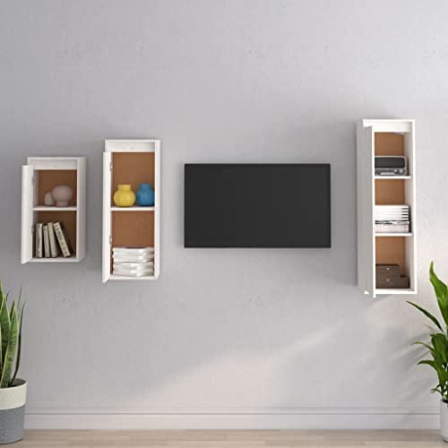 GaRcan 3X Solid Wood Pine TV Cabinets Home Indoor Living Room Entertainment Centre Wall Mounted Hanging Shelf Floating Storage TV Unit Stand Grey (White)
