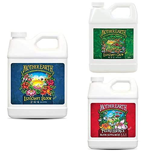 Mother Earth HGC733936 LiquiCraft Bloom 2-4-4 Liquid Fertilizer, Natural with LiquiCraft Grow 4-3-3 Liquid Fertilizer and Floressence Bloom Supplement 1-1-1 Liquid Fertilizer