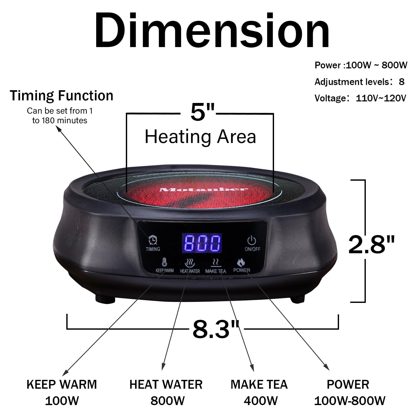 Mini Electric Stove 800W, Boil Tea,Ceramic Glass Cooktop with 8 Adjustable Power Levels, Intelligent Auto-Off Feature,Countertop Burners,For Tea Enthusiasts,Tea party (Black)