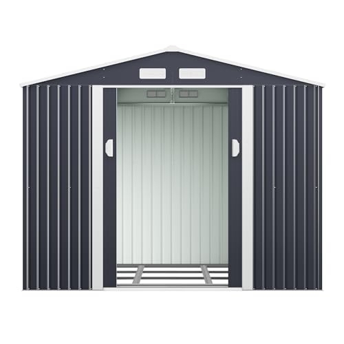 OELUBBY 9.1' x 10.5' Storage Shed Outdoor Metal Storage Clearance, Utility Large Shed Tool House for Backyard Garden Lawn Mower Equipment Organizer w/Lockable Sliding Door, Vents, Floor Frame - Gray