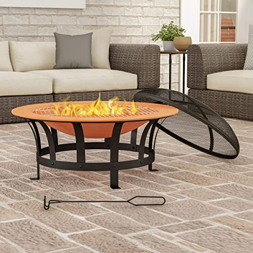 Pure Garden 50-LG1204 30” Outdoor Deep Fire Pit-Round Large Colored Steel Bowl, Mesh Spark Screen, Log Poker & Grilling Grate-Patio Wood Burning, Copper and Black