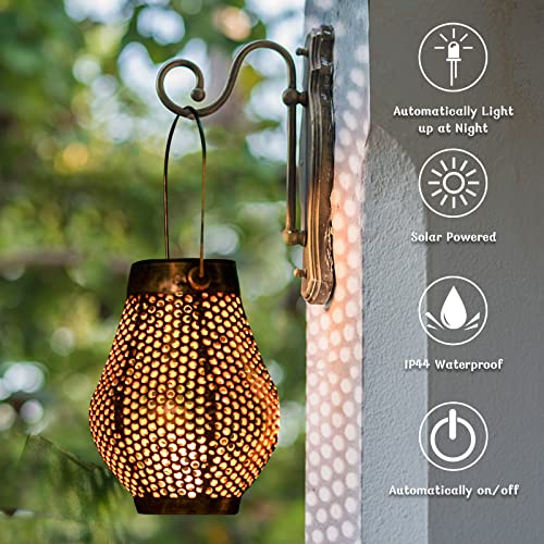 Afirst Hanging Solar Lanterns Solar Lights Outdoor Waterproof Solar Powered LED Tabletop Lantern for Garden Yard Tree Fence Patio, Brown,2 Pack