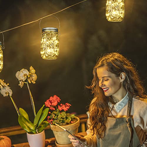 【Upgraded】Hanging Mason Jar Solar Lights, 6 Pack 30 LEDs Fairy Lights with Jars and Hangers, IPX6 Waterproof Hanging Solar Lights Outdoor, Solar Lanterns for Balcony Backyard Garden Fence Decor