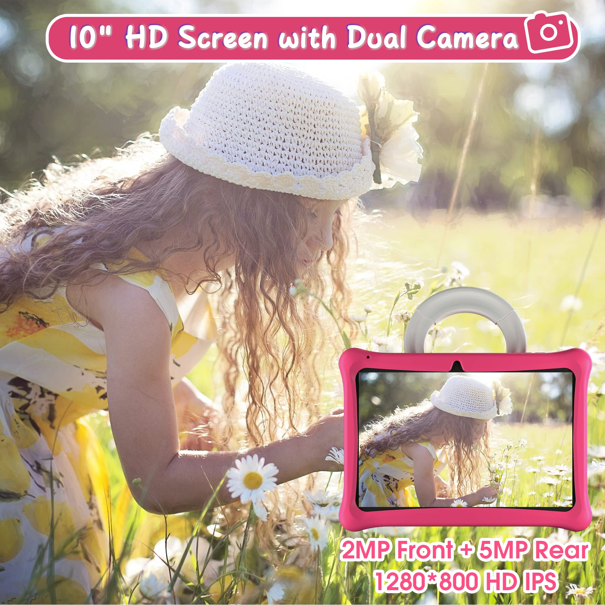 SGIN Tablet for Kids 2GB RAM 64GB ROM, 10 Inch Kids Tablet Android 12 with Case with Parental Control APP, Dual Camera, WiFi, Educational Games,iWawa Pre Installed (Pink)