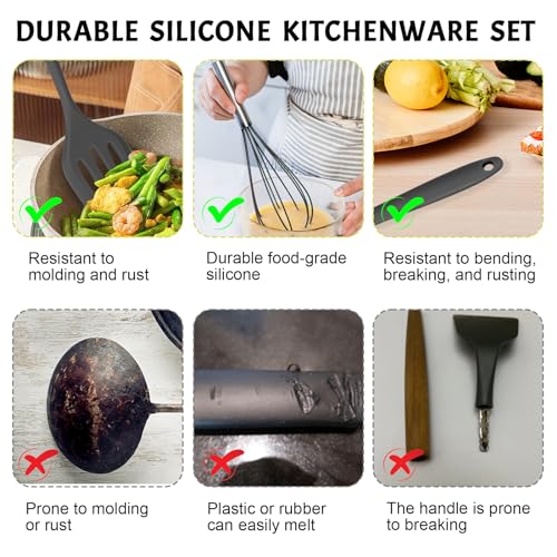 JONPHE Silicone Kitchen Utensils Set - Spatula Set,Turner,Brush,Whisk, 464°F Heat Resistant, Dishwasher Safe Silicone Cooking Utensils Set, Kitchen Gadget Tools Set for Nonstick Cookware - Black