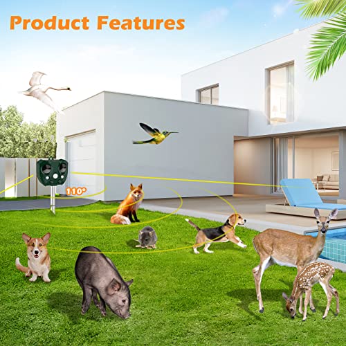 Ultrasonic Animal Repellent Device for Garden, Deer Repeller Outdoor,Bird Deterrent Devices with Motion Sensor &Strobe Light for Mole,Dog,Squirrel,Snake,Rabbit,Groundhog,Rodent,Mice,Raccoon,Cat,Bat.