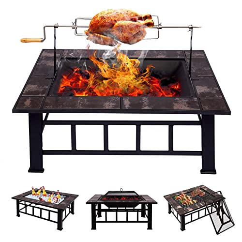 KOIECETA 37 Inch Multifunctional Fire Pits for Outside,Marble Tile Square Tabletop firepit,Backyard Garden Fireplace for Outdoor Heating, Camping,Campfires and BBQ…