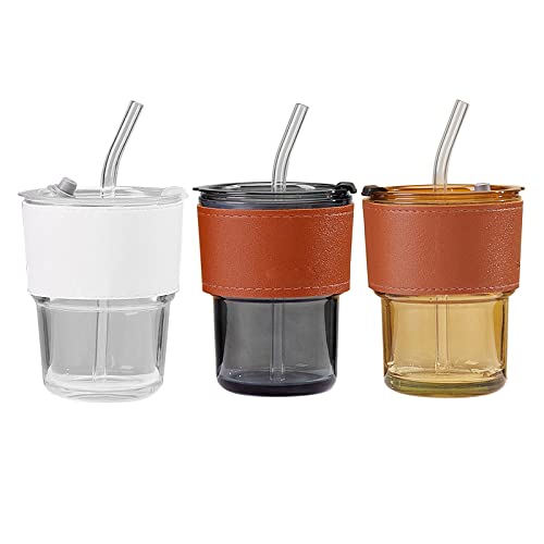 OUSFANAM Drinking Glass Cups With Bamboo-Lid And Straw Iced Coffee-Cup Suitable For Juice Water Soda-Tea Girl Birthday Gift 400ML Spill Proof Straw Cups For Adults