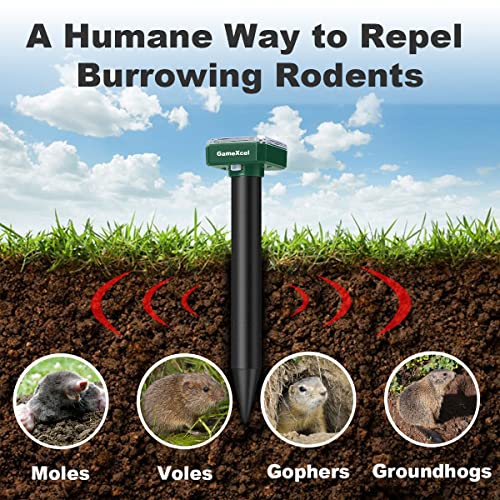 Solar Mole Repeller Gopher Repellent Ultrasonic Solar Powered 4pcs Pest Repeller for Mole Repeller Rodent Gopher Deterrent Vole Chaser for Lawn Yard & Garden of Outdoor Use 4 Packs