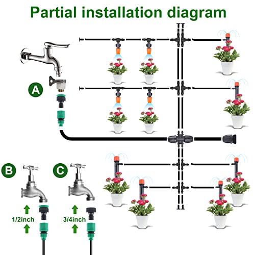 AUMIO Drip Irrigation Kit 115FT Garden Irrigation System 1/4" 1/2β Blank Distribution Tubing Watering System Adjustable Nozzle Automatic Irrigation Equipment for Greenhouse, Flower Bed, Patio, Lawn