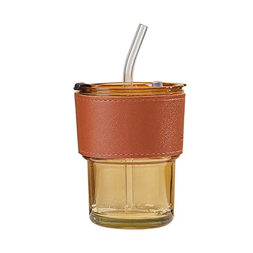 OUSFANAM Drinking Glass Cups With Bamboo-Lid And Straw Iced Coffee-Cup Suitable For Juice Water Soda-Tea Girl Birthday Gift 400ML Spill Proof Straw Cups For Adults