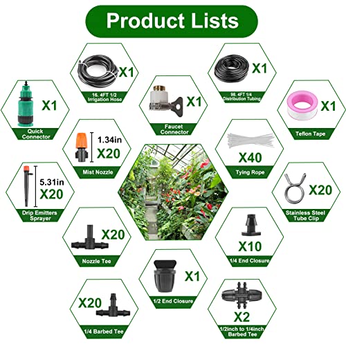 AUMIO Drip Irrigation Kit 115FT Garden Irrigation System 1/4" 1/2β Blank Distribution Tubing Watering System Adjustable Nozzle Automatic Irrigation Equipment for Greenhouse, Flower Bed, Patio, Lawn