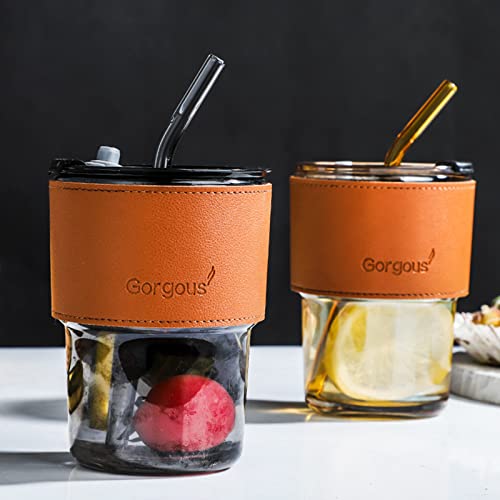 OUSFANAM Drinking Glass Cups With Bamboo-Lid And Straw Iced Coffee-Cup Suitable For Juice Water Soda-Tea Girl Birthday Gift 400ML Spill Proof Straw Cups For Adults