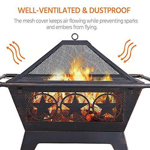 Yaheetech 32in Outdoor Fire Pit Metal Square Firepit Wood Burning Backyard Patio Garden Beaches Camping Picnic Bonfire Stove with Spark Screen, Log Poker