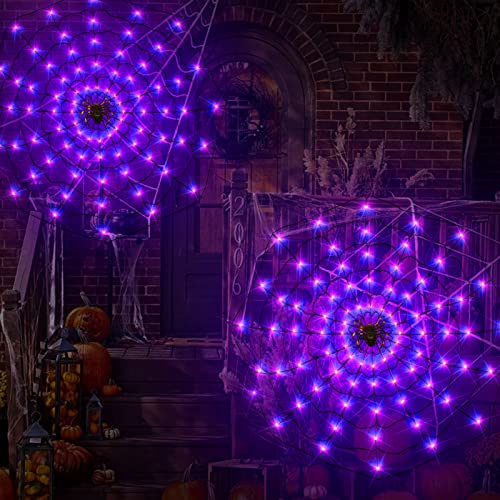 Remon 4Ft Light Up Spider Web Halloween Decorations, 96 Purple LED Waterproof Spider Web Lights with Big Spider, 8 Flashing Modes Battery Powered for Halloween Home Window Yard Garden Indoor Outdoor
