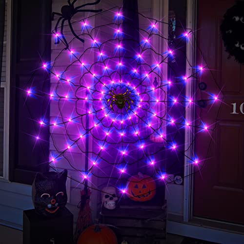 Remon 4Ft Light Up Spider Web Halloween Decorations, 96 Purple LED Waterproof Spider Web Lights with Big Spider, 8 Flashing Modes Battery Powered for Halloween Home Window Yard Garden Indoor Outdoor