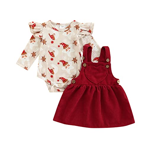 Nicoxijia Newborn Baby Girl Christmas Outfit Long Sleeve Romper Bodysuit Elk Plaid Suspender Skirt Overall Headband 3Pcs Set (B4-Red Romper+Corduroy Skirt 2PCS, 12-18 Months)