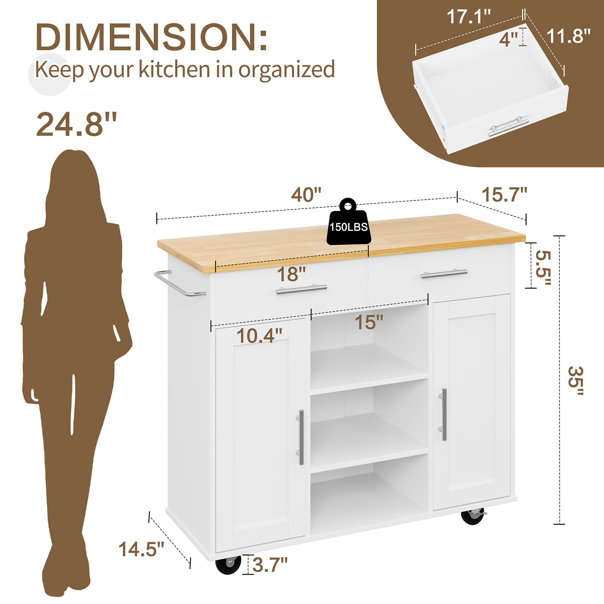 SUNLEI Kitchen Island on Wheels with Storage Cabinet & Drawer, 40" Kitchen Cart Cabinet with Shelves, Cart Handle for Towel Rack or Free Mobility, Portable Islands for Kitchen(White)