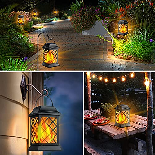 TomCare Solar Lights Outdoor Flickering Flame Metal Solar Lantern Outdoor Hanging Decorative Lanterns Heavy Duty Waterproof Umbrella Decorations Lighting for Patio Garden Deck Yard, 2 Pack (Black)
