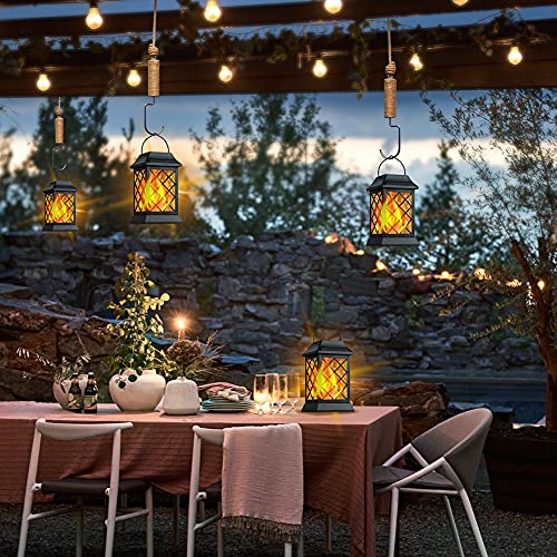 TomCare Solar Lights Outdoor Flickering Flame Metal Solar Lantern Outdoor Hanging Decorative Lanterns Heavy Duty Waterproof Umbrella Decorations Lighting for Patio Garden Deck Yard, 2 Pack (Black)