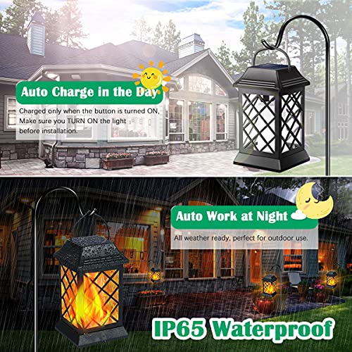 TomCare Solar Lights Outdoor Flickering Flame Metal Solar Lantern Outdoor Hanging Decorative Lanterns Heavy Duty Waterproof Umbrella Decorations Lighting for Patio Garden Deck Yard, 2 Pack (Black)