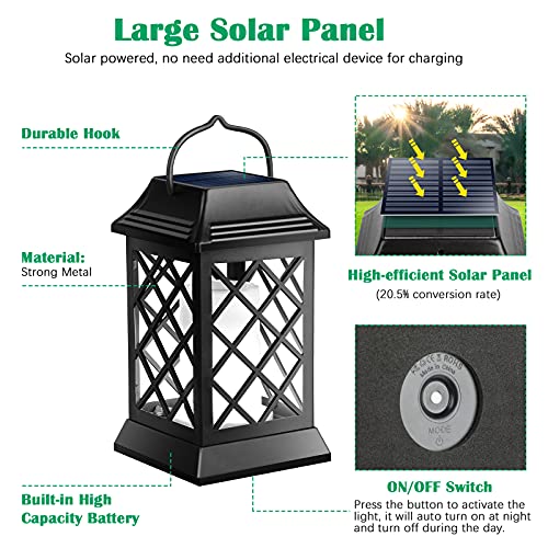 TomCare Solar Lights Outdoor Flickering Flame Metal Solar Lantern Outdoor Hanging Decorative Lanterns Heavy Duty Waterproof Umbrella Decorations Lighting for Patio Garden Deck Yard, 2 Pack (Black)