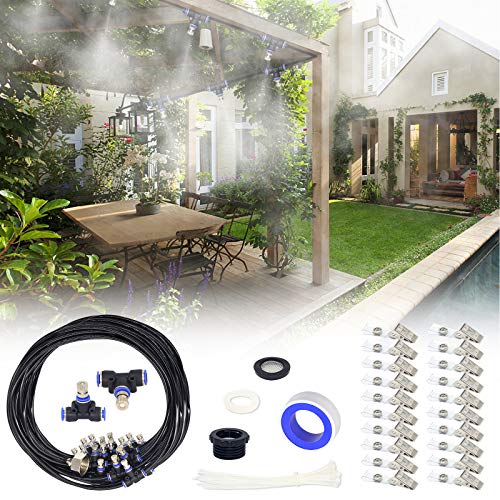 YuYo Misting System, Misters for Outside Patio, 59FT Misting Line +19 Brass Mist Nozzles + 3/4" Brass Adapter Outdoor Misters System for Patio Greenhouse Garden Gazebo Poolside Umbrella Trampoline