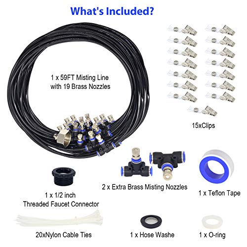 YuYo Misting System, Misters for Outside Patio, 59FT Misting Line +19 Brass Mist Nozzles + 3/4" Brass Adapter Outdoor Misters System for Patio Greenhouse Garden Gazebo Poolside Umbrella Trampoline
