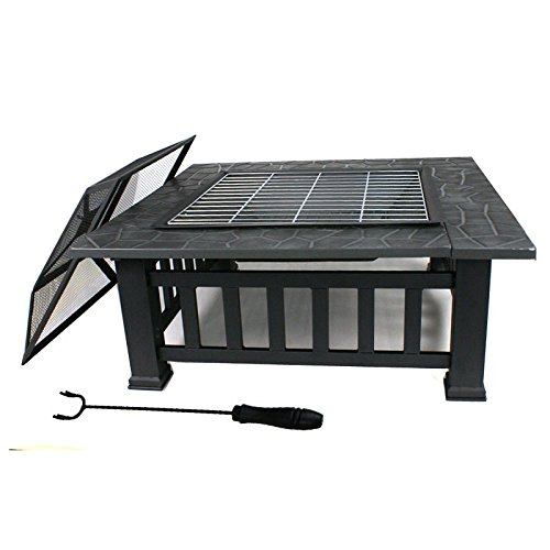 ZenStyle 32β Heavy Duty Square Fire Pit Outdoor Metal Firepit Wood Burning Fireplace w/Waterproof Dust Cover Patio Backyard Garden Stove Faux-Stone Finish